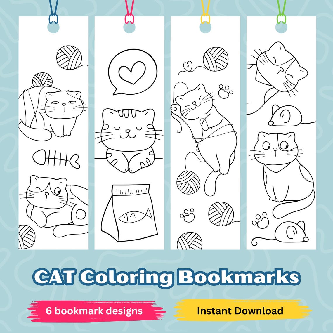 Cute Cat Coloring Bookmarks for Kids, Animal Coloring Bookmarks, Cute ...