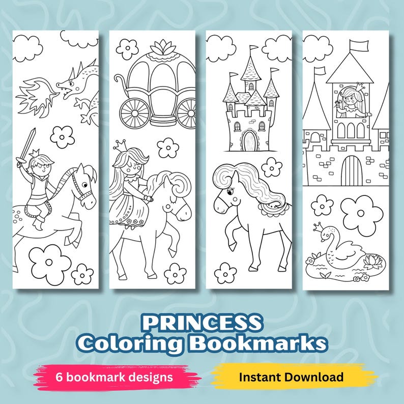 Princess Coloring Bookmarks for Kids, Dragon Bookmarks, Printable ...