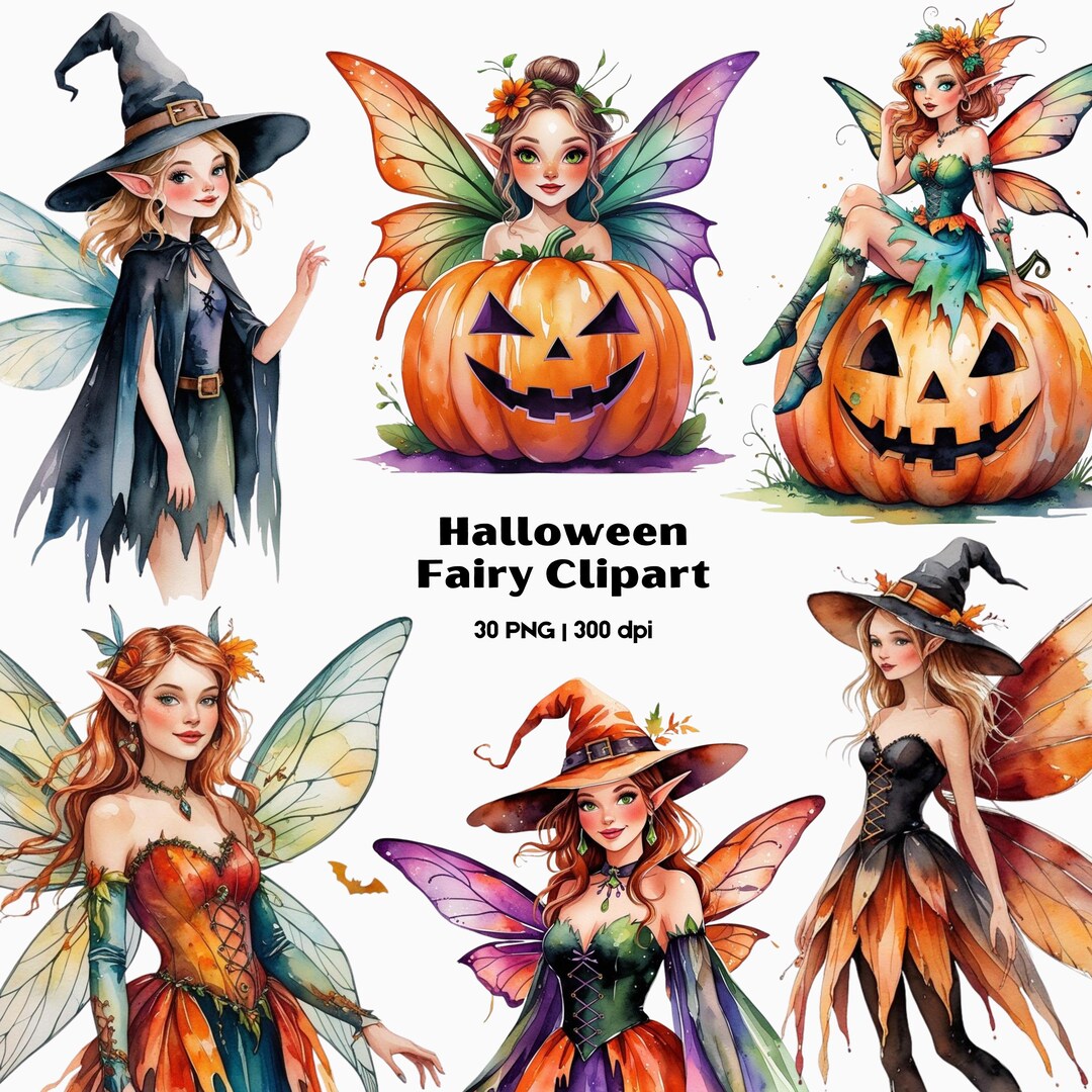 Watercolor Halloween Fairy Clipart Bundle: Gothic Autumn PNG (digital ...