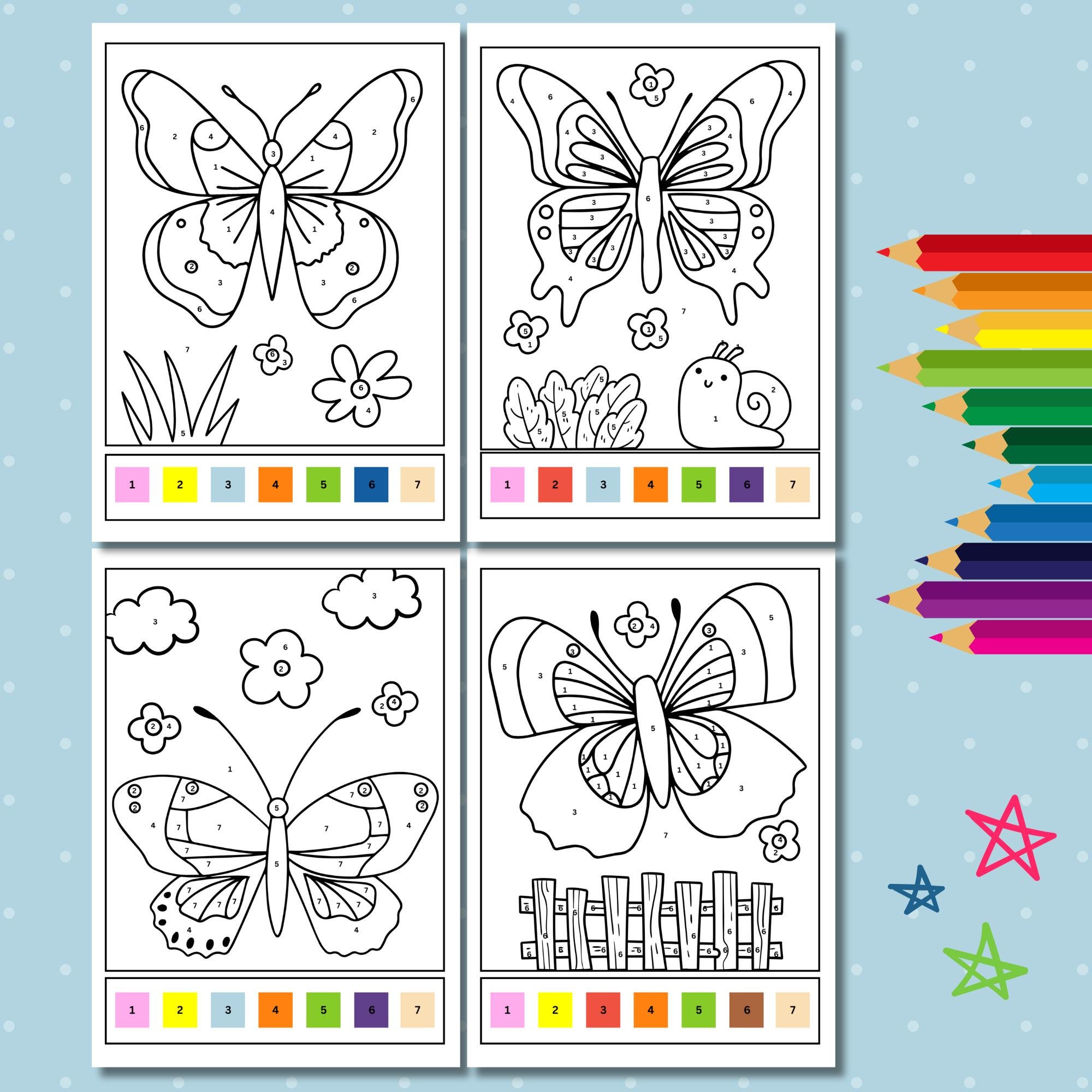 Butterfly Color by Number: Insect Coloring Pages for Kids (PDF) - Etsy