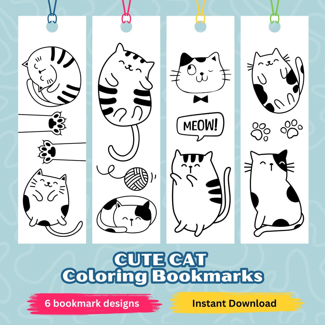 Cute Cat Coloring Bookmarks for Kids, Animal Coloring Bookmarks, Cute ...