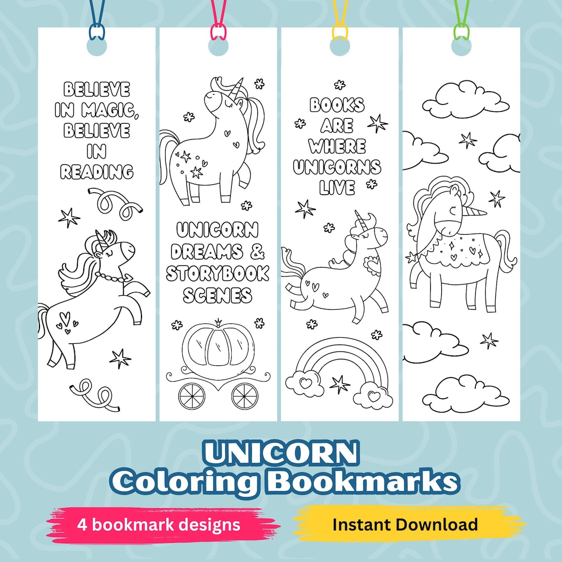 Unicorn Coloring Bookmarks for Kids: Set of 4 Fantasy Bookmarks ...