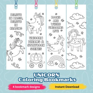 Unicorn Coloring Bookmarks for Kids: Set of 4 Fantasy Bookmarks ...