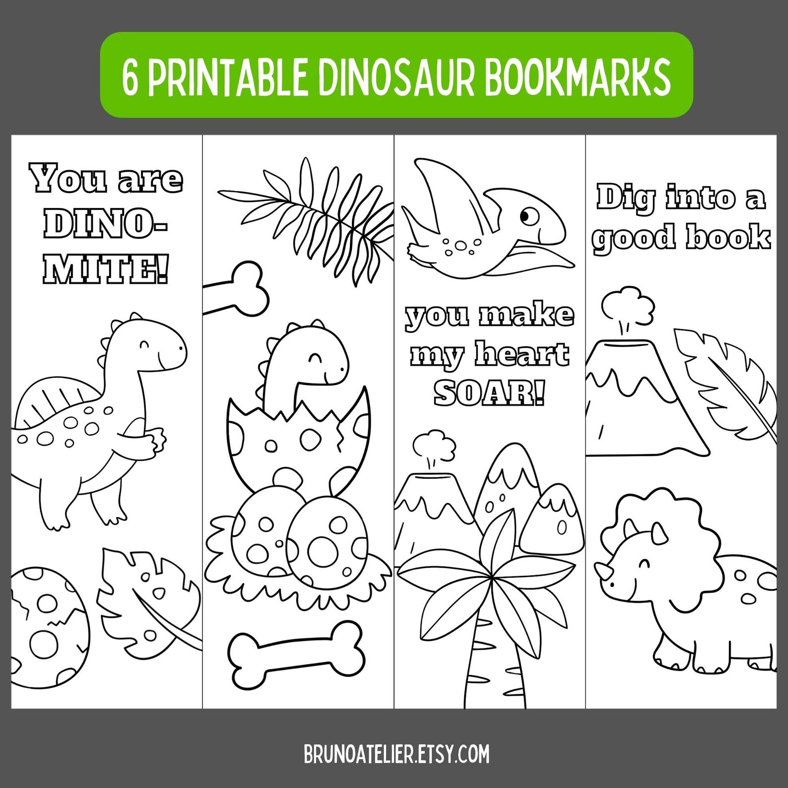 Dinosaur Coloring Bookmarks for Kids, Printable Bookmarks to Color ...