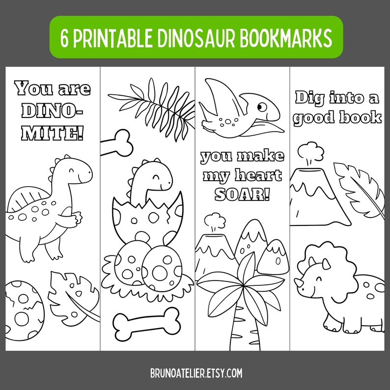 Dinosaur Coloring Bookmarks for Kids, Printable Bookmarks to Color ...