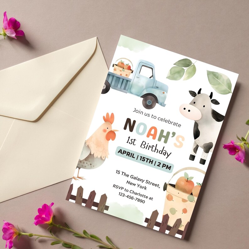 Editable Farm 1st Birthday Invitation Boy, Farm Animals Birthday Invite ...