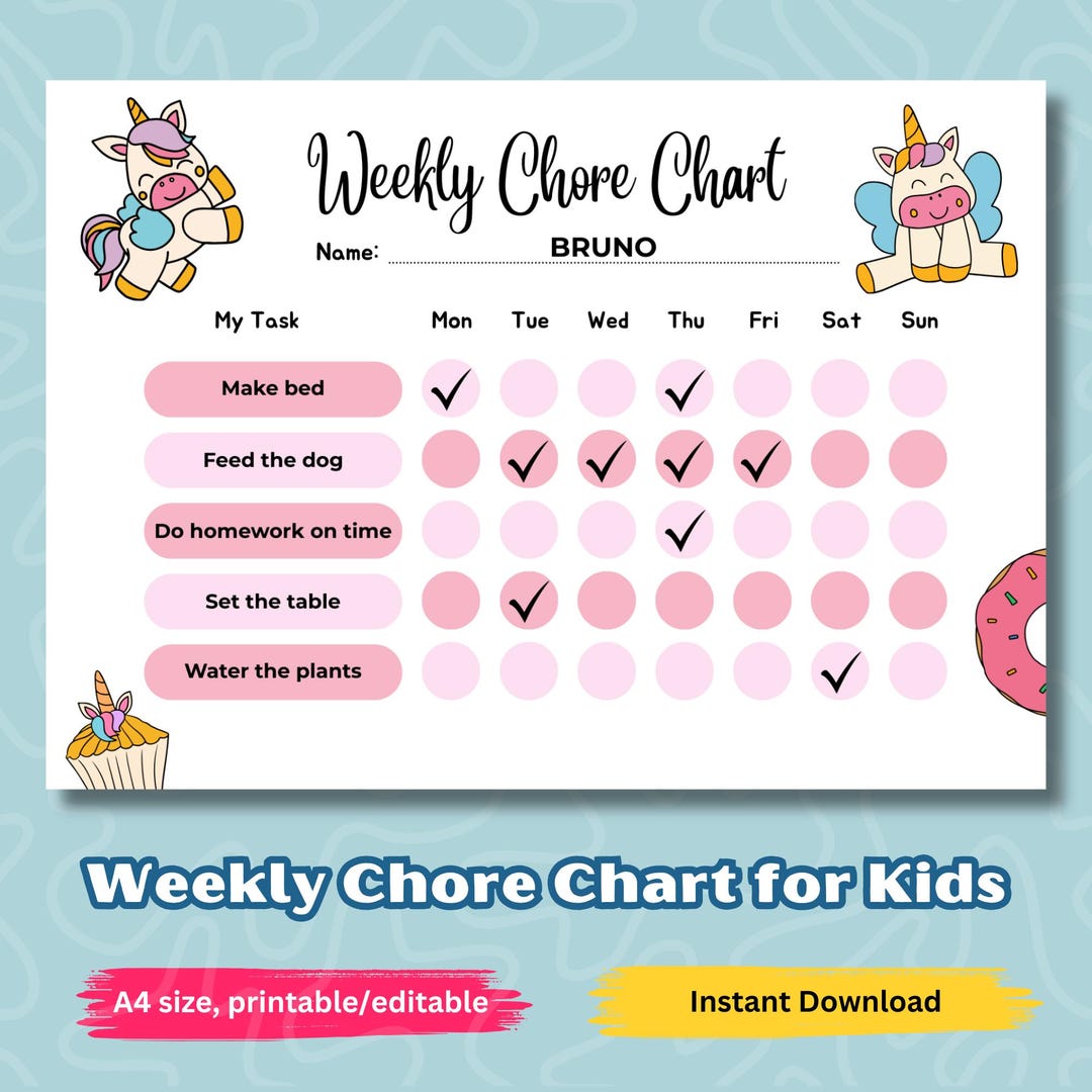 Editable Weekly Chore Chart for Kids, Kids Chore List, Kids Routine ...