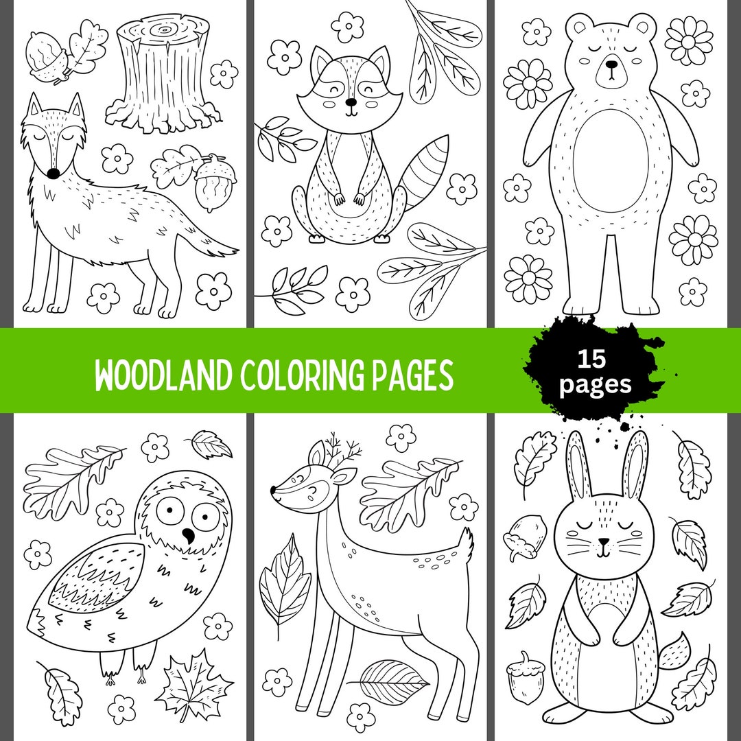 Woodland Coloring Pages for Kids, Woodland Animals Coloring Book, Wild ...