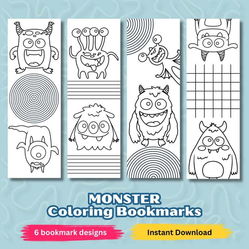 Monster Coloring Bookmarks for Kids, Animal Coloring Bookmarks, Monster ...