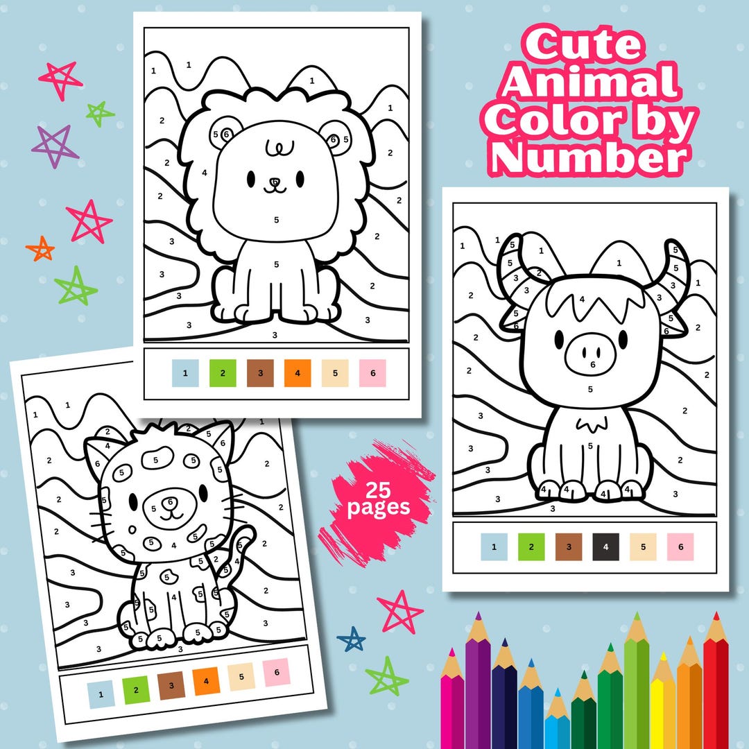Cute Animal Color by Number Pages for Kids, Printable Color by Number ...