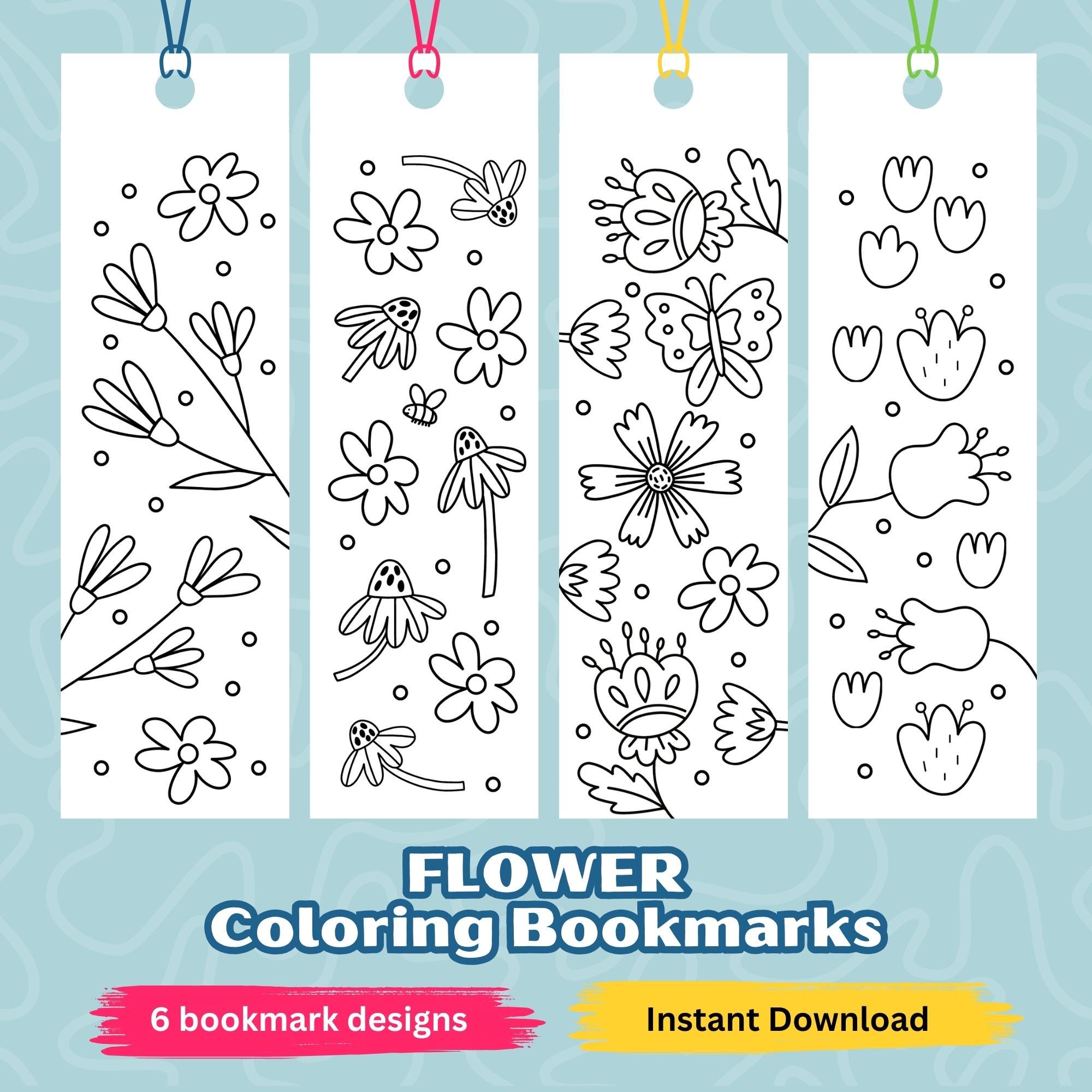 Flower Bookmark Set, Printable Flower Coloring Bookmarks, Bookmarks to ...