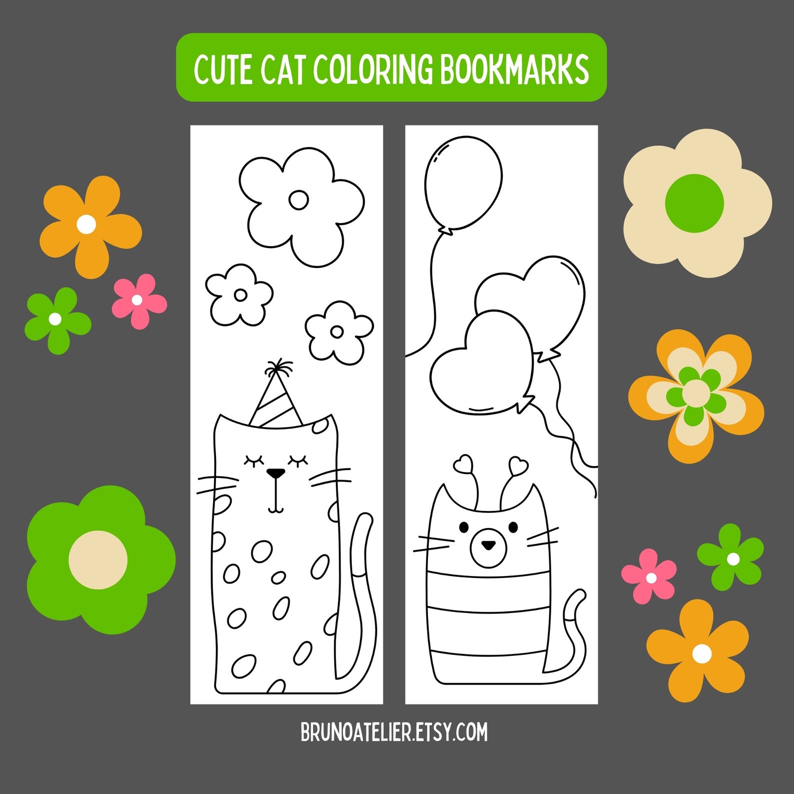 Cute Cat Coloring Bookmarks for Kids, Animal Coloring Bookmarks, Cute ...