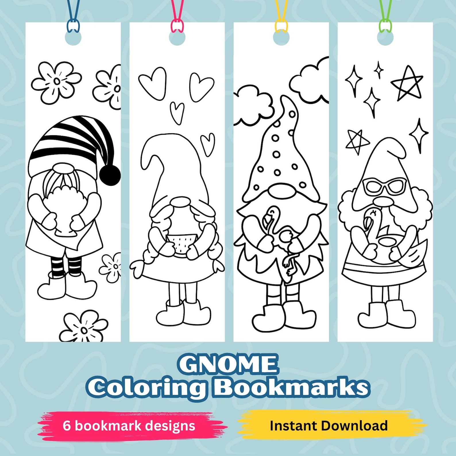 Gnome Coloring Bookmarks for Kids: Set of 6 Printable Bookmarks (PDF ...