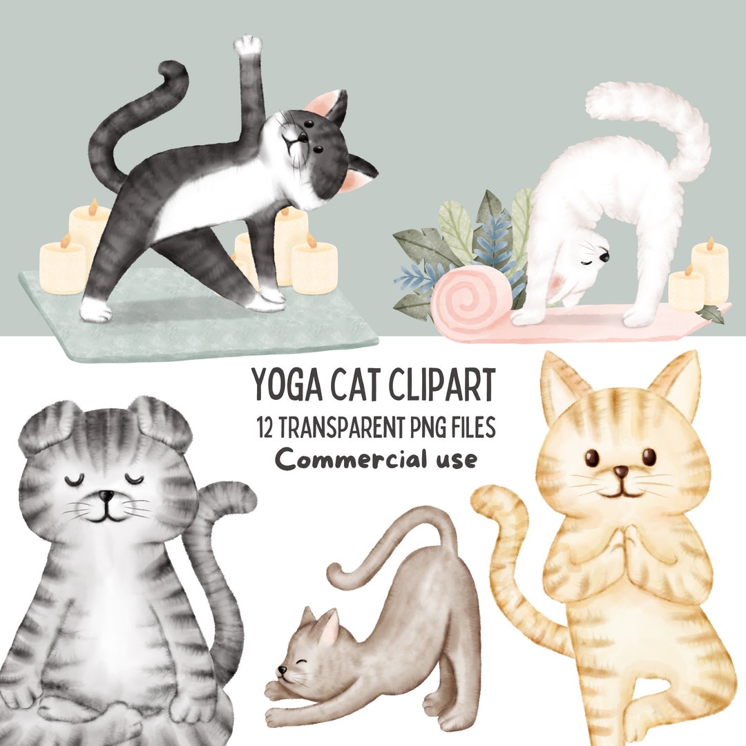 Watercolor Cat Clipart, Cat Doing Yoga PNG, Meditation Clipart, Yoga ...