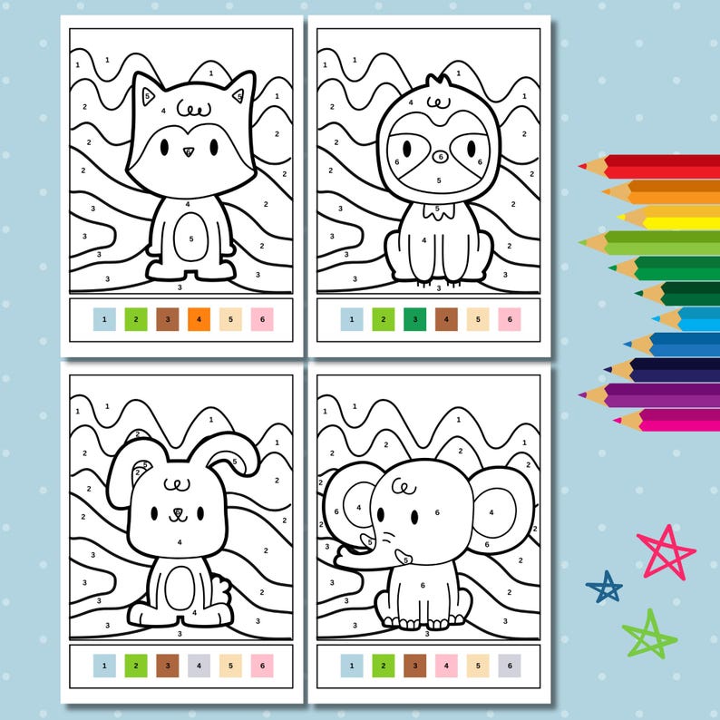 Cute Animal Color by Number Pages for Kids, Printable Color by Number ...