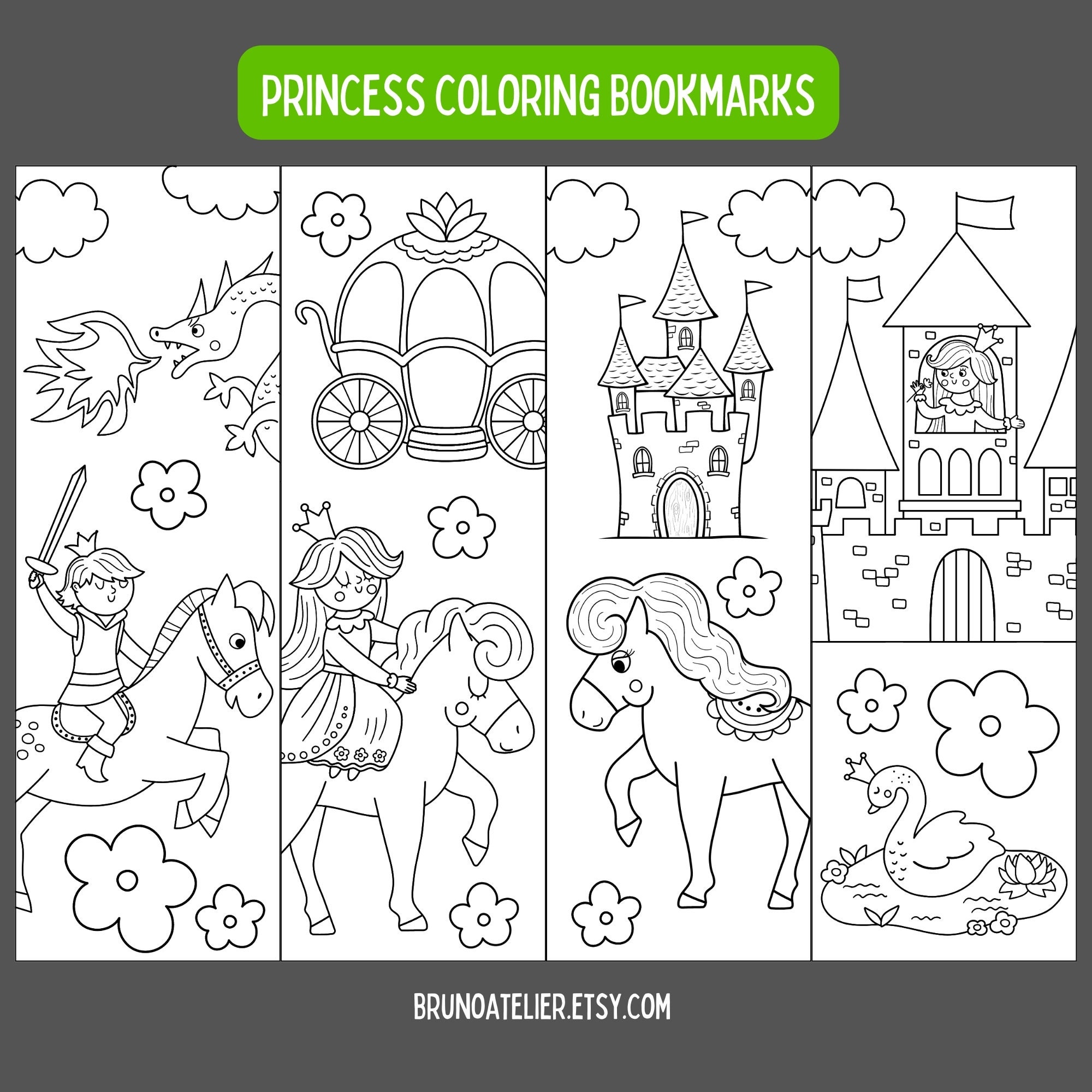Princess Coloring Bookmarks for Kids, Dragon Bookmarks, Printable ...