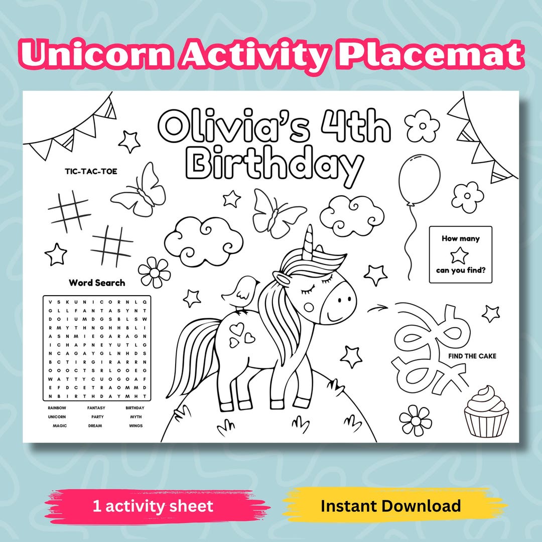 Unicorn Birthday Party Activity Sheet, Personalised Unicorn Coloring ...