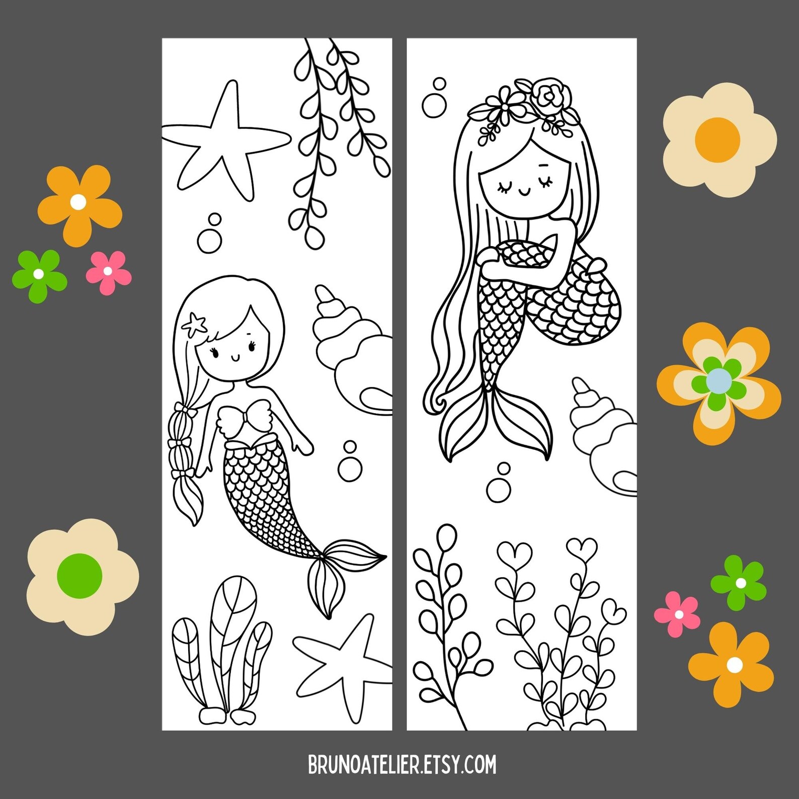 Mermaid Coloring Bookmarks for Kids, Sea Animal Coloring Bookmarks ...