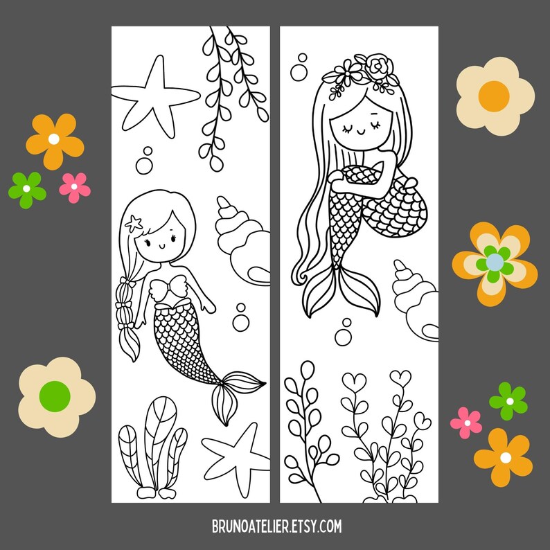 Mermaid Coloring Bookmarks for Kids, Sea Animal Coloring Bookmarks ...