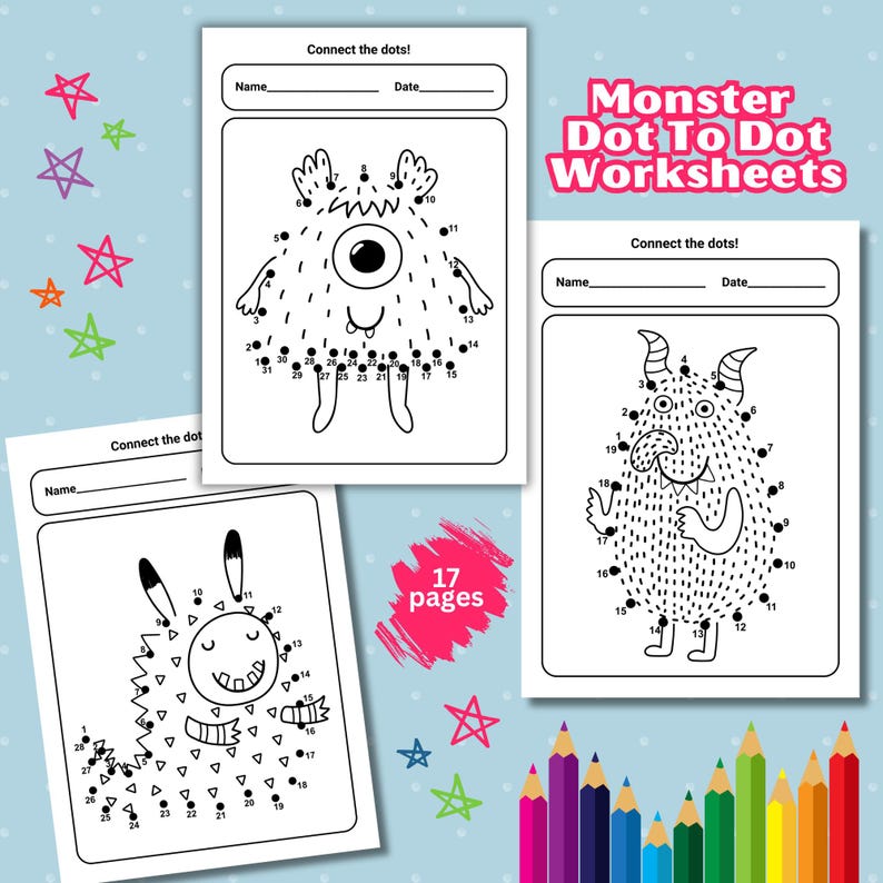 Printable Monster Dot to Dot Coloring Pages, Printable Connect the Dots ...