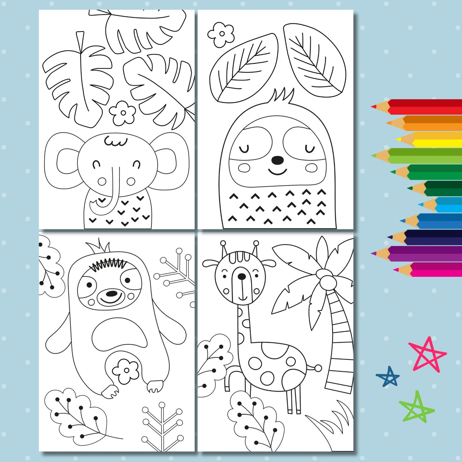 Safari Coloring Pages for Kids, Cute Animal Coloring Pages, Baby Animal ...