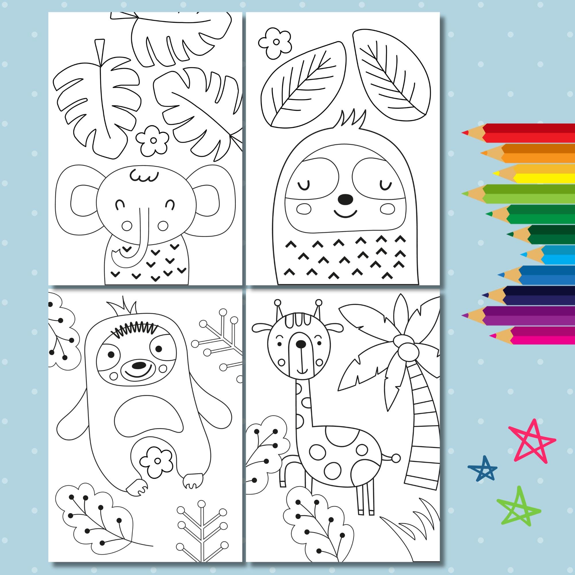 Safari Coloring Pages for Kids, Cute Animal Coloring Pages, Baby Animal ...