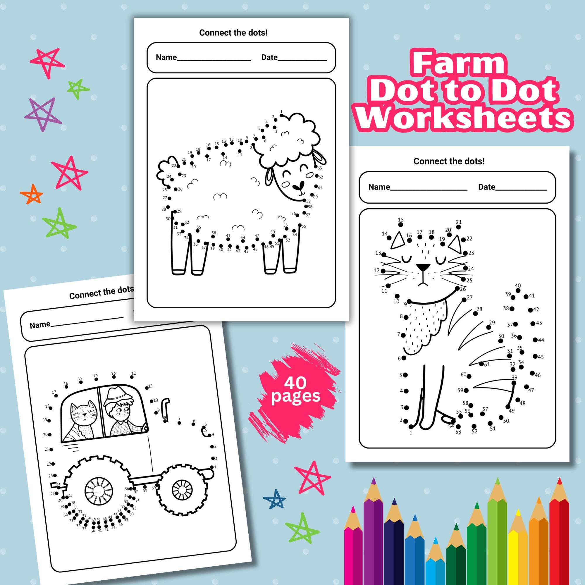 Printable Farm Animal Dot to Dot Coloring Pages, Farm Animal Coloring ...