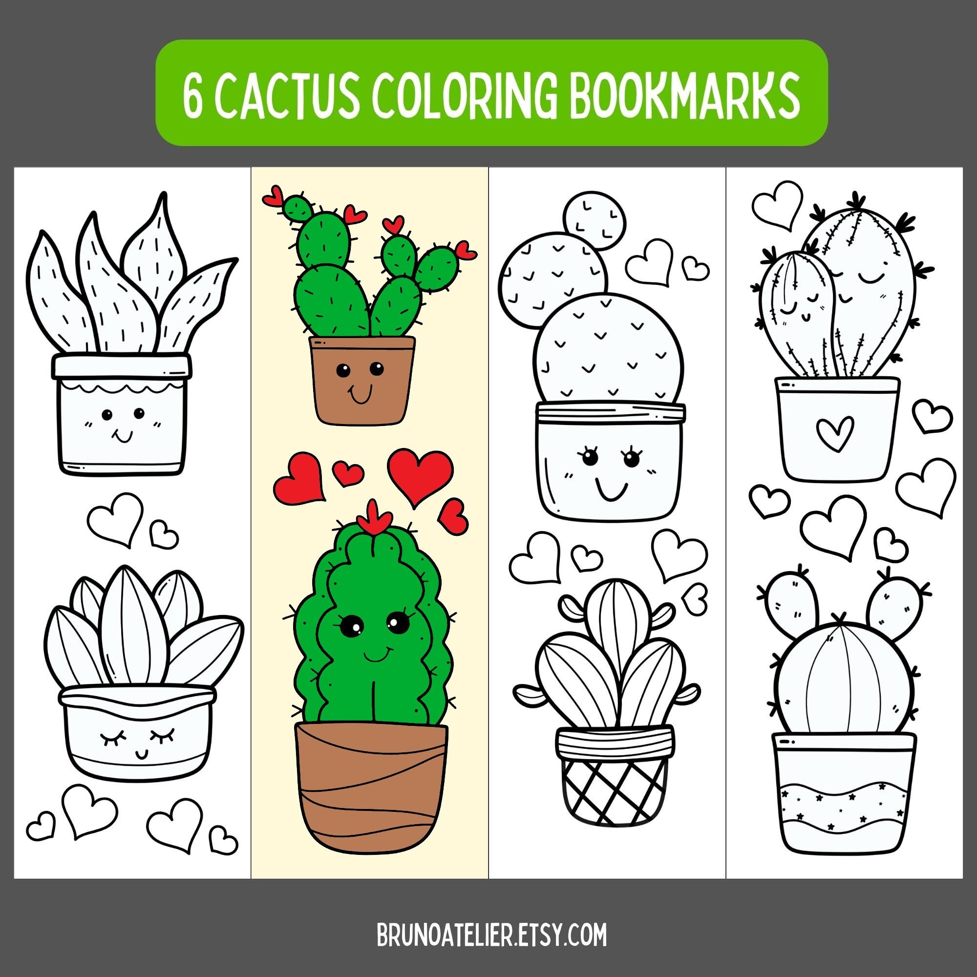 Cactus Coloring Bookmarks for Kids, Catus Bookmarks, Printable Bookmark ...