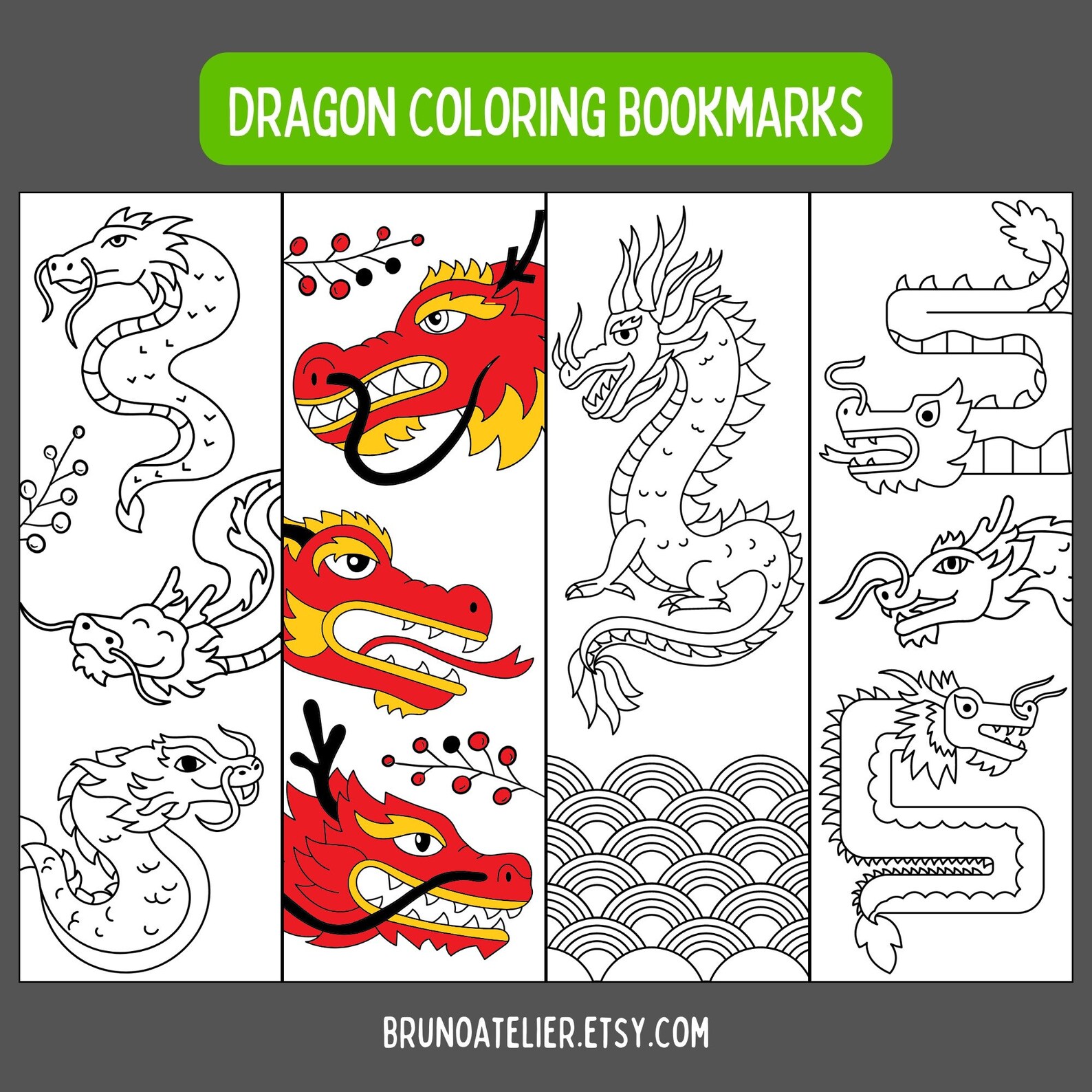 Dragon Coloring Bookmarks for Kids, Dragon Bookmarks, Printable ...