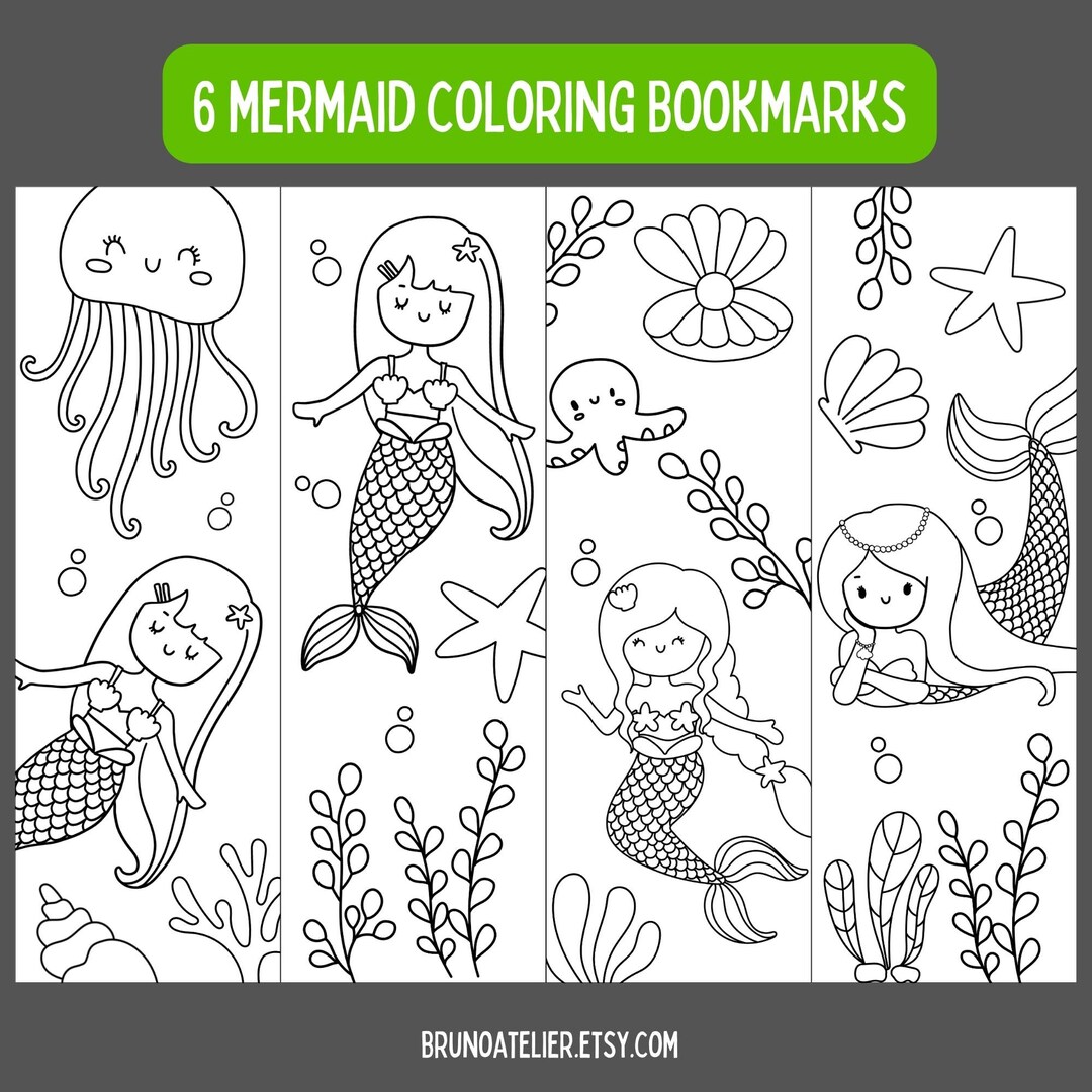 Mermaid Coloring Bookmarks for Kids, Sea Animal Coloring Bookmarks ...