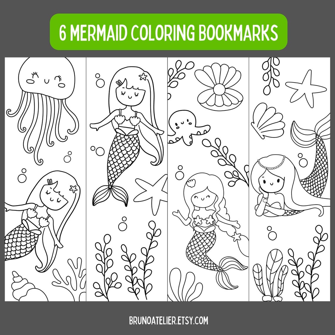 Mermaid Coloring Bookmarks for Kids, Sea Animal Coloring Bookmarks ...