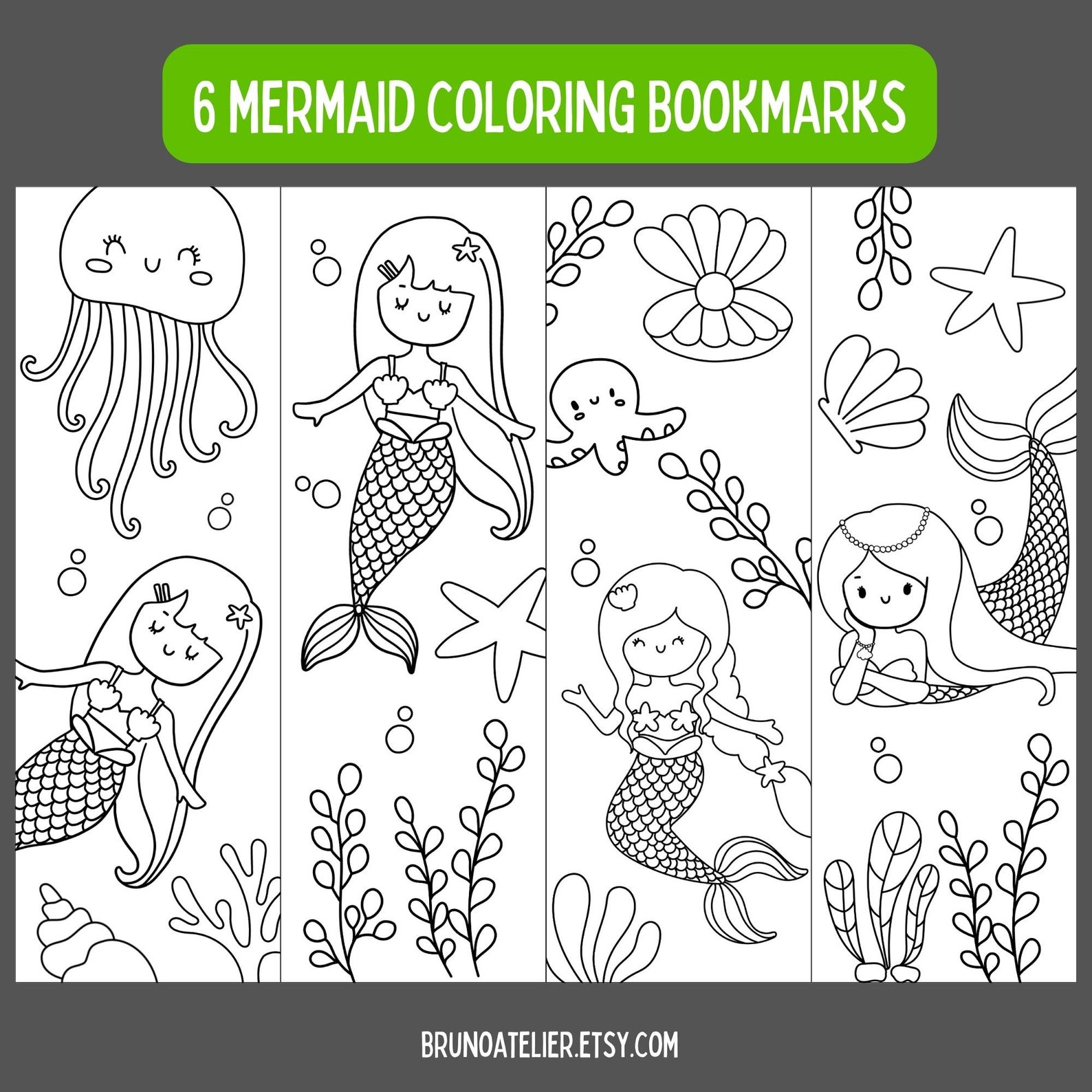 Mermaid Coloring Bookmarks for Kids, Sea Animal Coloring Bookmarks ...