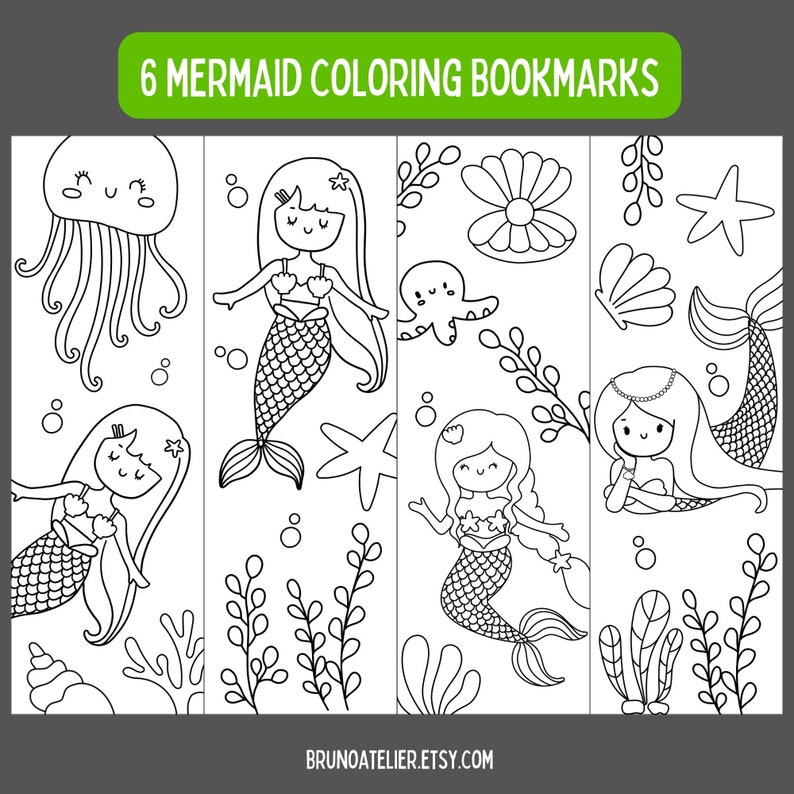 Mermaid Coloring Bookmarks for Kids, Sea Animal Coloring Bookmarks ...
