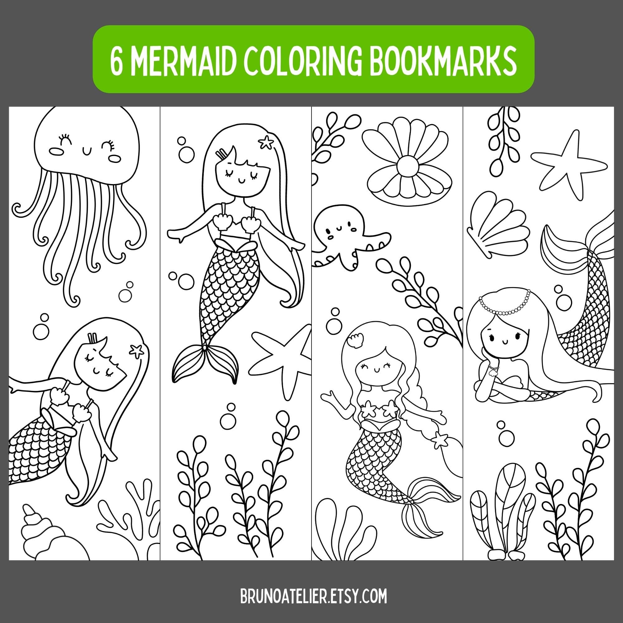 Mermaid Coloring Bookmarks for Kids, Sea Animal Coloring Bookmarks ...