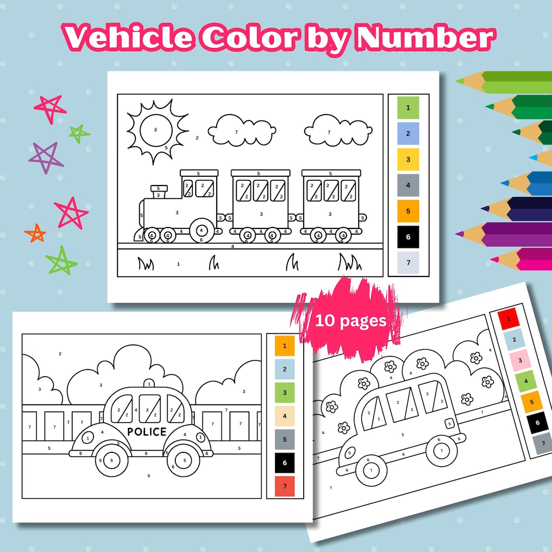 Transportation Color by Number, Vehicle Coloring Pages for Kids, Car ...