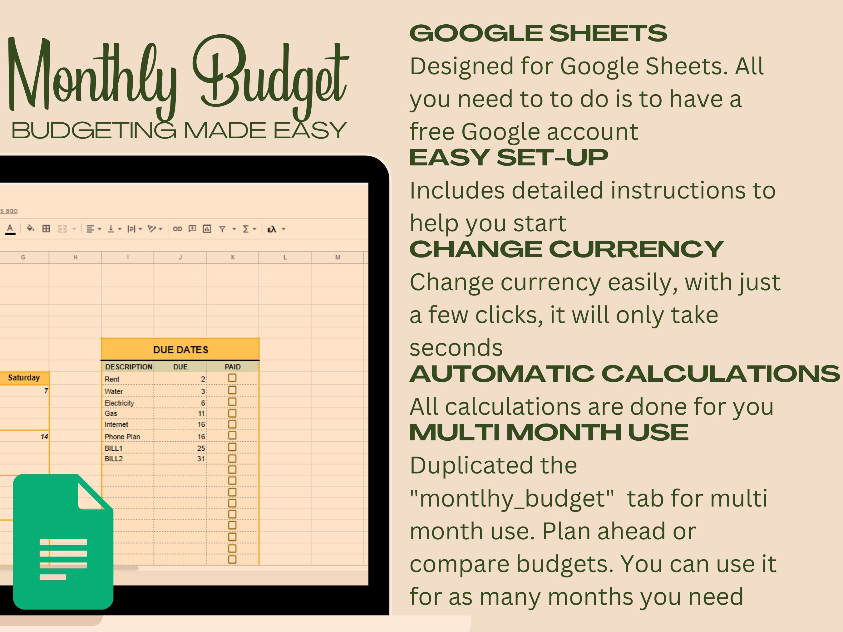 Monthly Budget Spreadsheet | Monthly Budget Planner | Bill Calendar ...