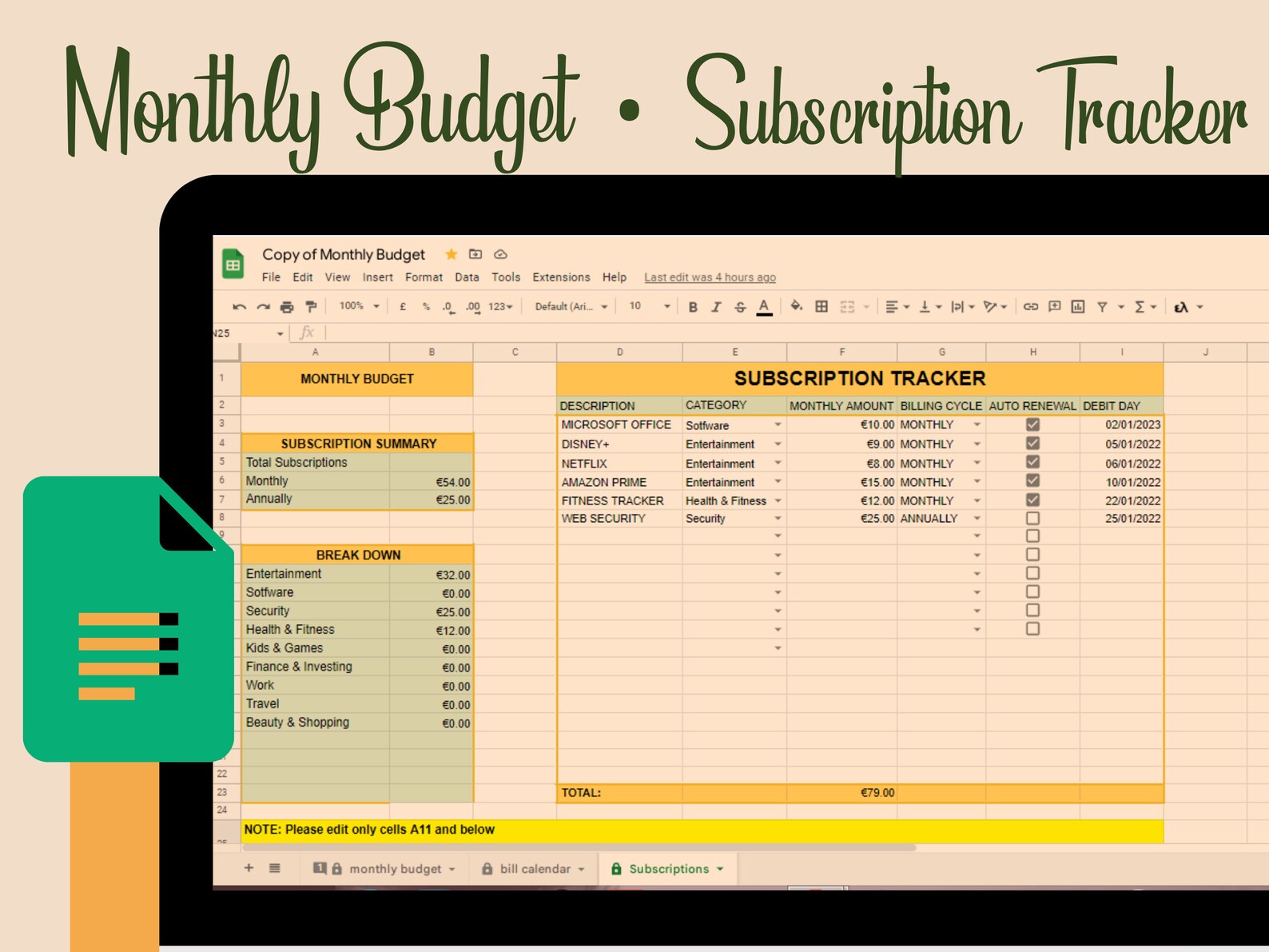 Monthly Budget Spreadsheet | Monthly Budget Planner | Bill Calendar ...