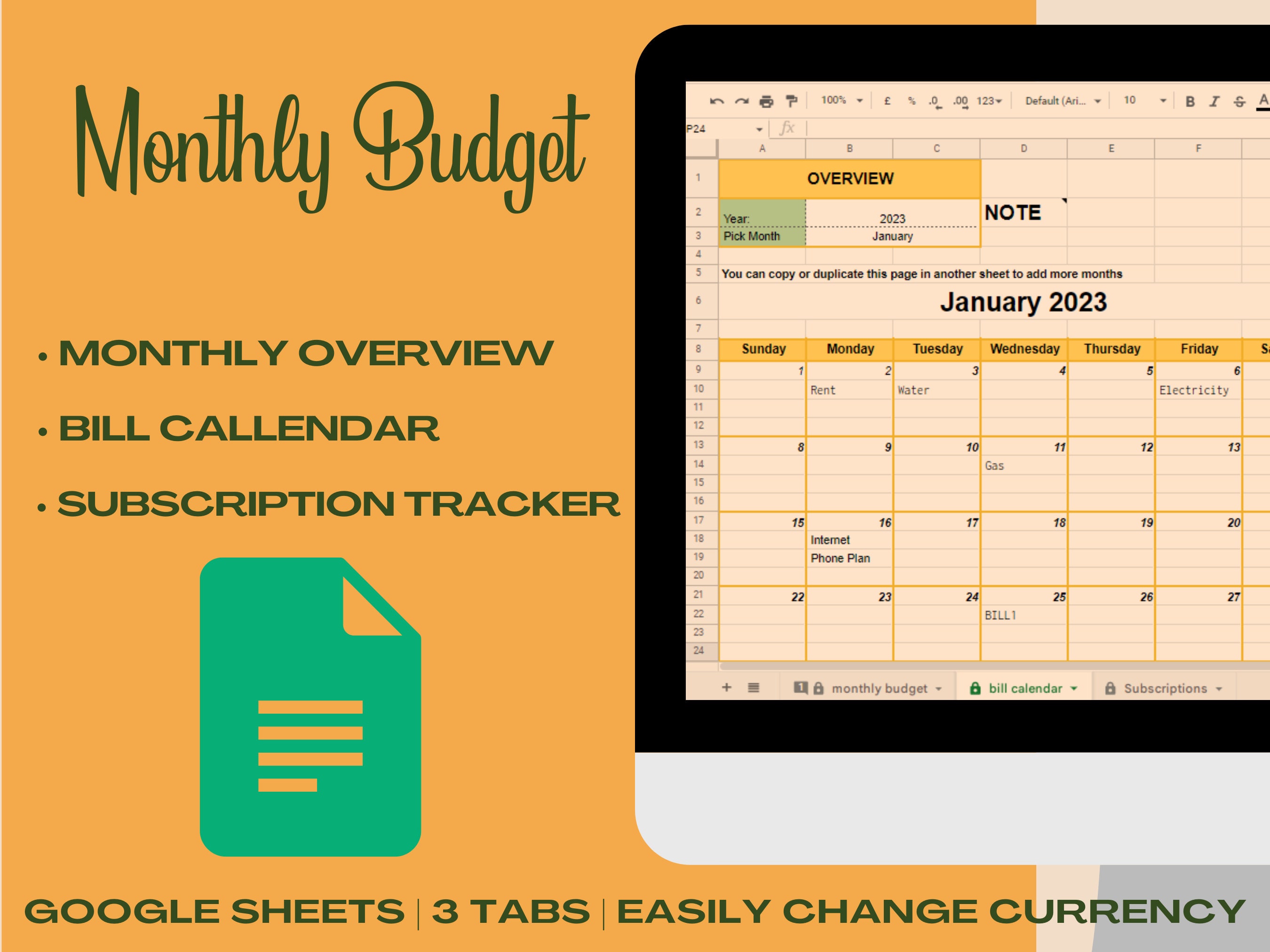 Monthly Budget Spreadsheet | Monthly Budget Planner | Bill Calendar ...