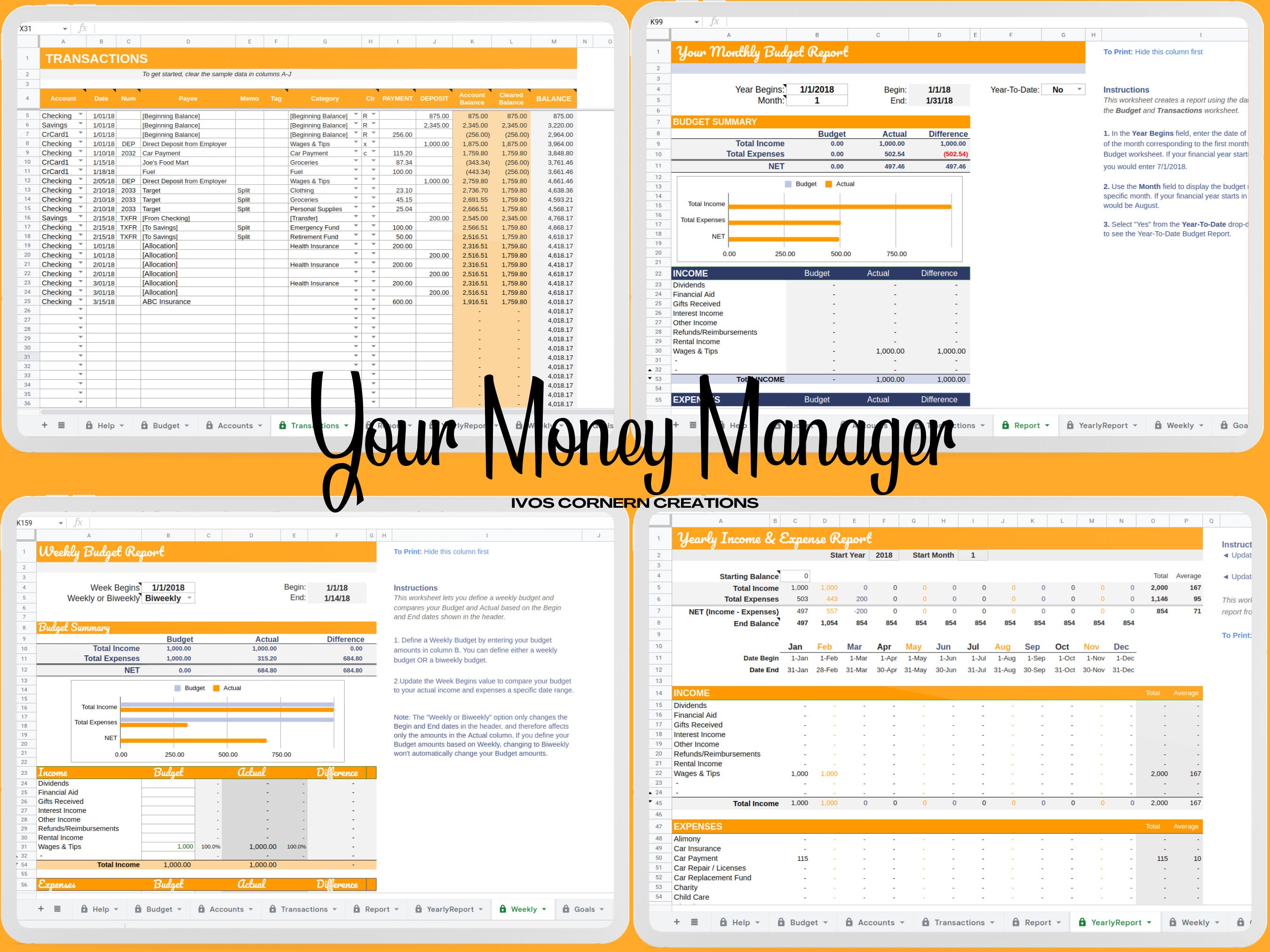 Your Money Manager Spreadsheet Template - to Manage Budget, Your Transactions & Your Goals - Etsy
