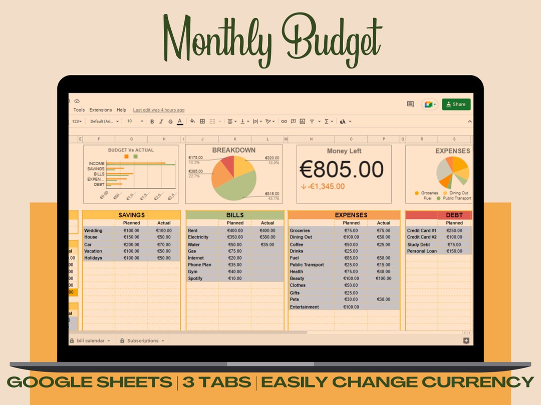 Monthly Budget Spreadsheet | Monthly Budget Planner | Bill Calendar ...