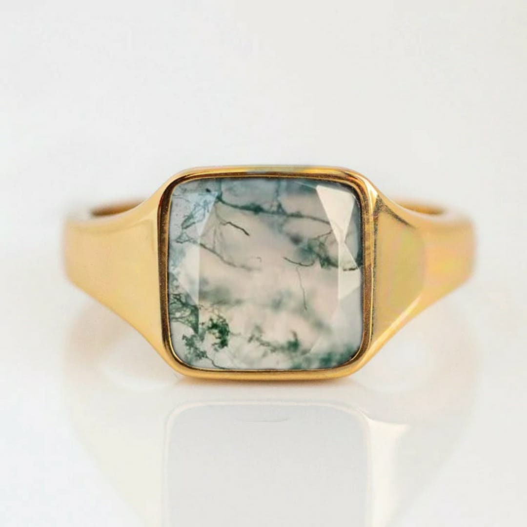 14k Gold Solid Men's Ring, Natural Gemstone Ring, Agate Ring, Vintage ...