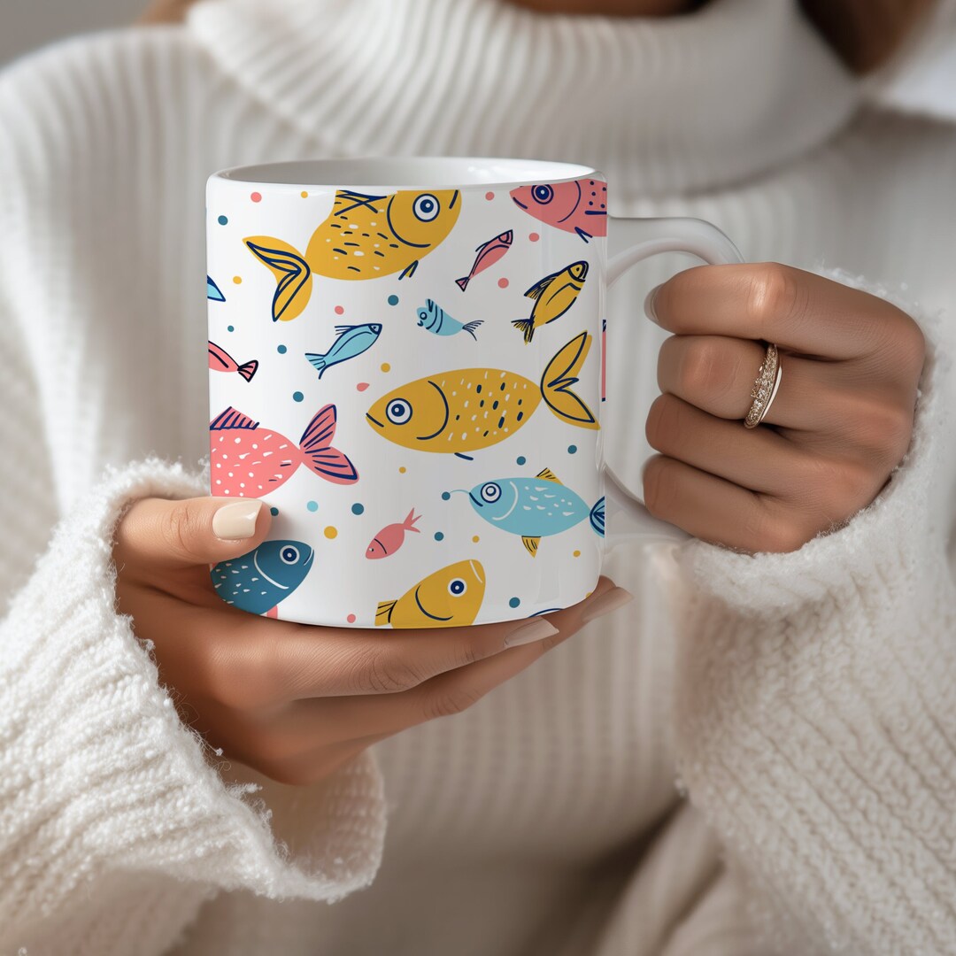 Cheerful Fish Mug, Vibrant Colourful Pattern, High Quality Mugs, Doodle ...