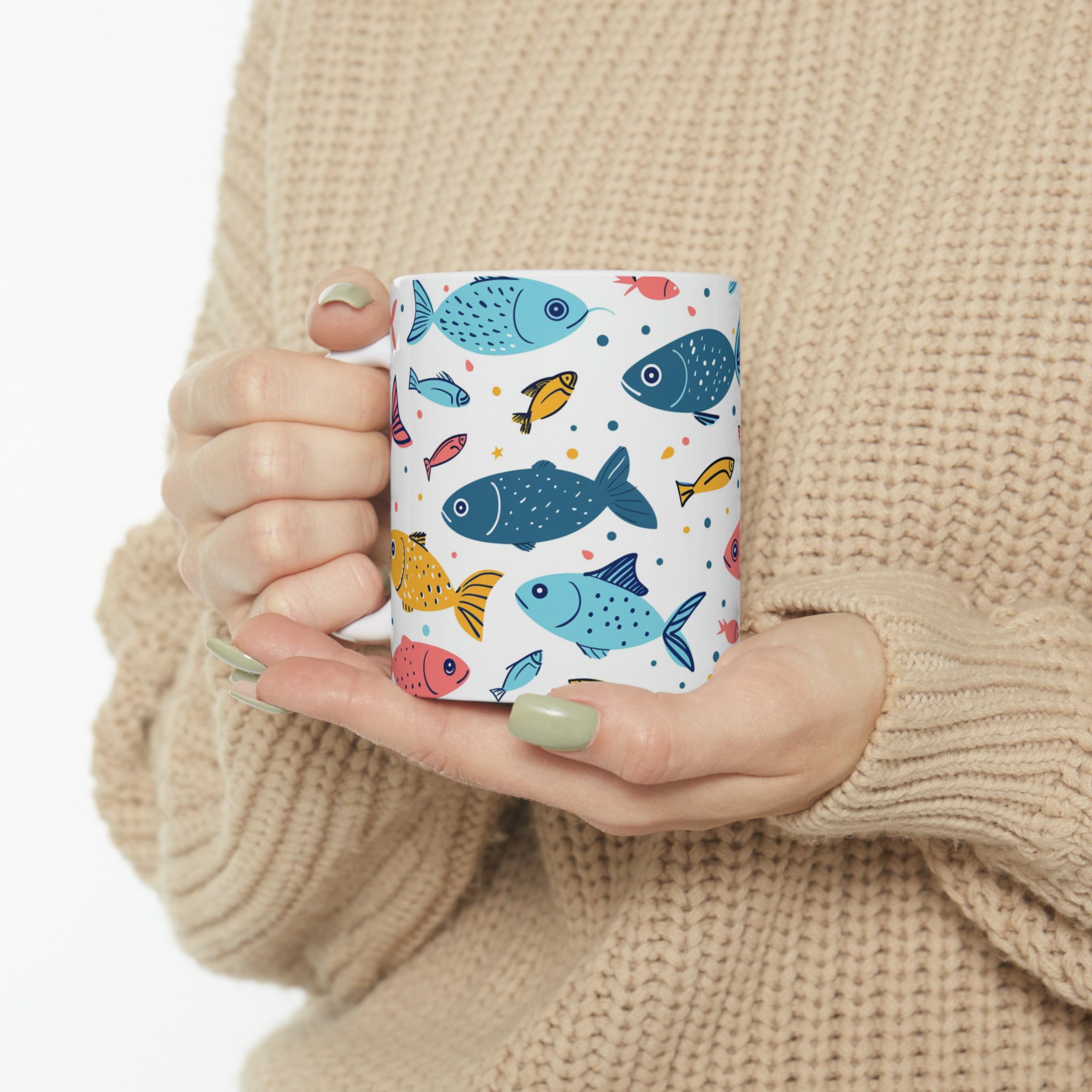 Cheerful Fish Mug, Vibrant Colourful Pattern, High Quality Mugs, Doodle ...