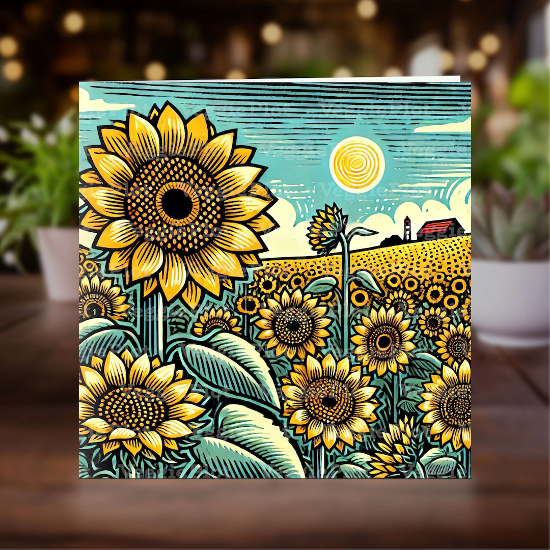 Sunflower Card, Sunflower Print, Sunflower Linocut, Sunflower Birthday ...