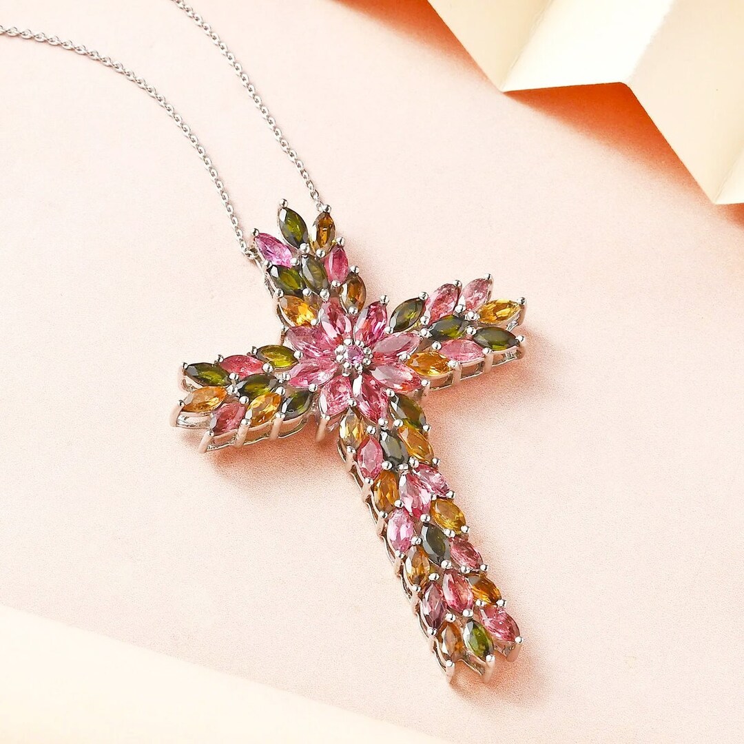 Rainbow Gemstone Cross Pendant Chain Pendant Wedding - Etsy