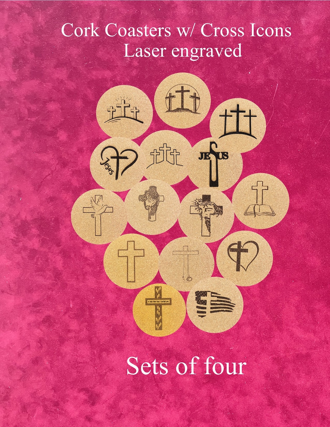 Cork Coaster With Cross Icons Lasered Onto Surface. Four (4) in a Set ...