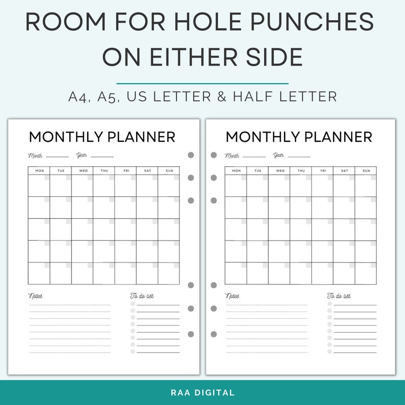 Undated Monthly Planner Printable: A4, A5, Letter Sizes (PDF) - Etsy