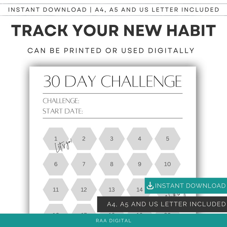 30-day Challenge Tracker Printable Savings Challenge Habit Tracker A4, A5, Usletter PDF Insert ...