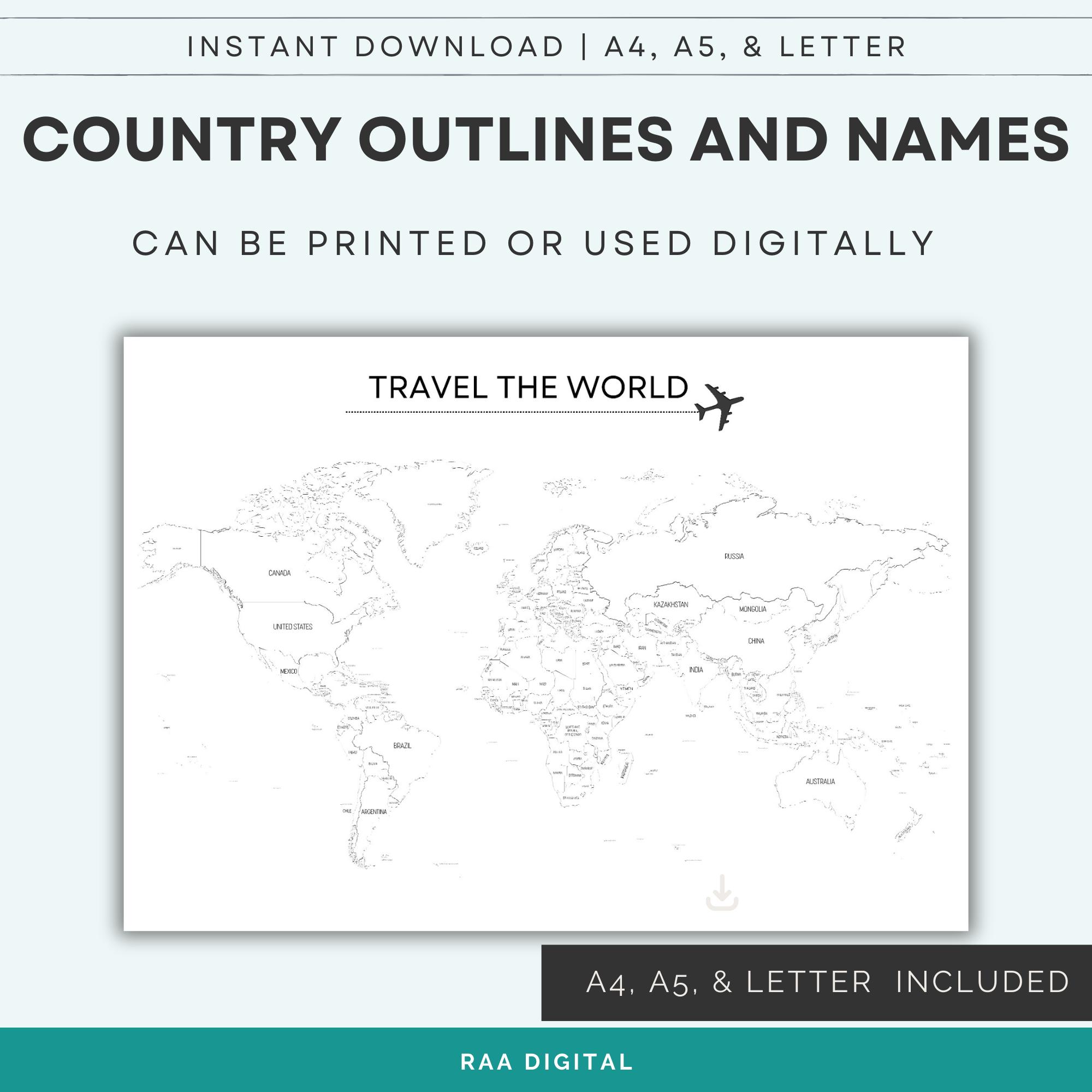 Printable World Travel Outline Map With Country Names: Color-in Tracker ...
