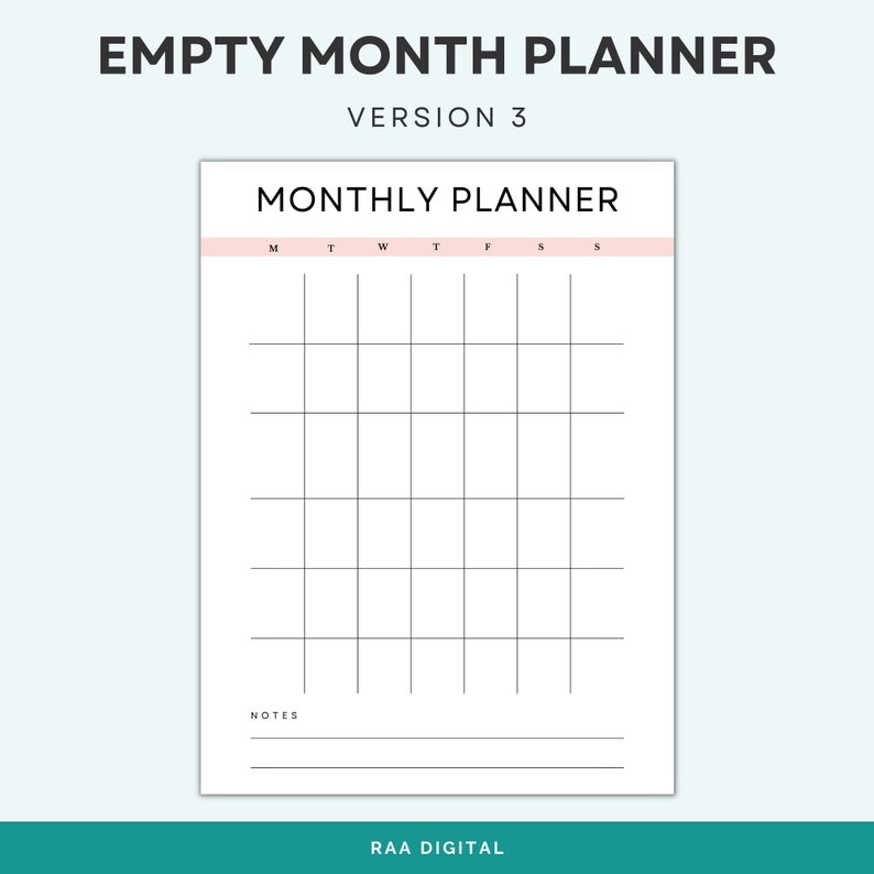Undated Monthly Planner Printable, Empty Month, Blank Monthly Plan, A4 ...